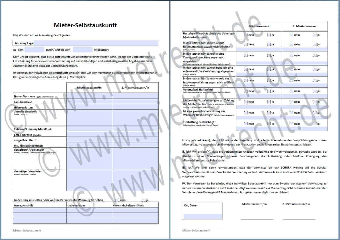 Mieterselbstauskunft Selbstauskunft F r Mieter Vorlage